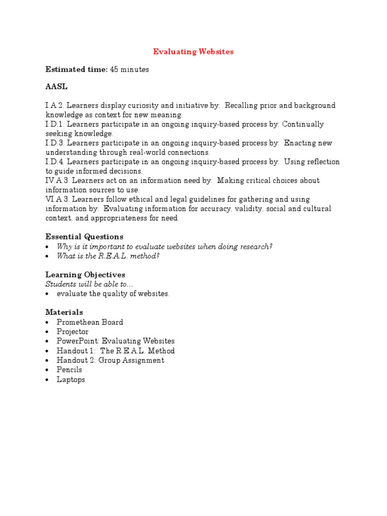 Evaluating Websites with the R.E.A.L. Method | PDF | Inquiry Based ...