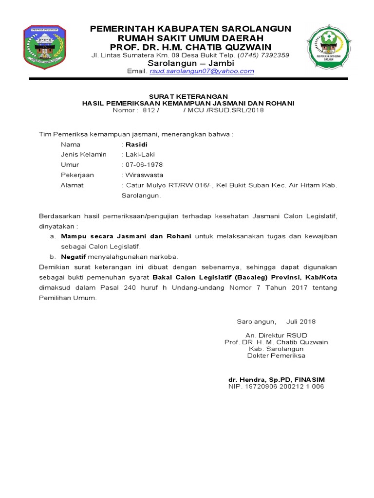 Surat Keterangan Hasil Pemeriksaan Sehat Caleg | PDF