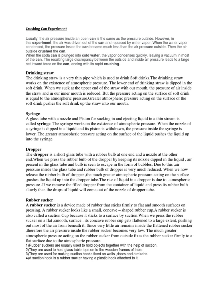 Drinking Straw: Crushing Can Experiment | PDF | Syringe | Pressure