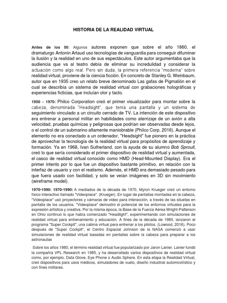 Historia de La Realidad Virtual | PDF | Realidad virtual | Realidad ...