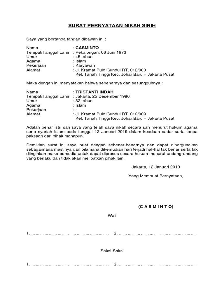 Surat Pernyataan Nikah Siri 2019 | PDF