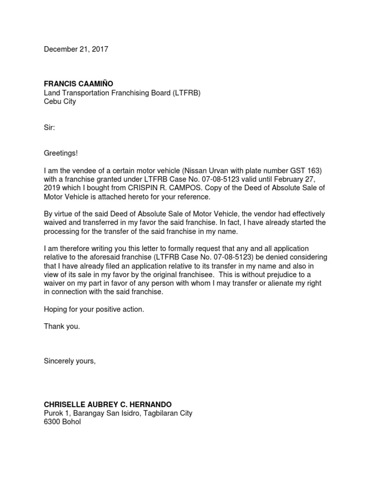 Letter To LTFRB (Hernando) | PDF