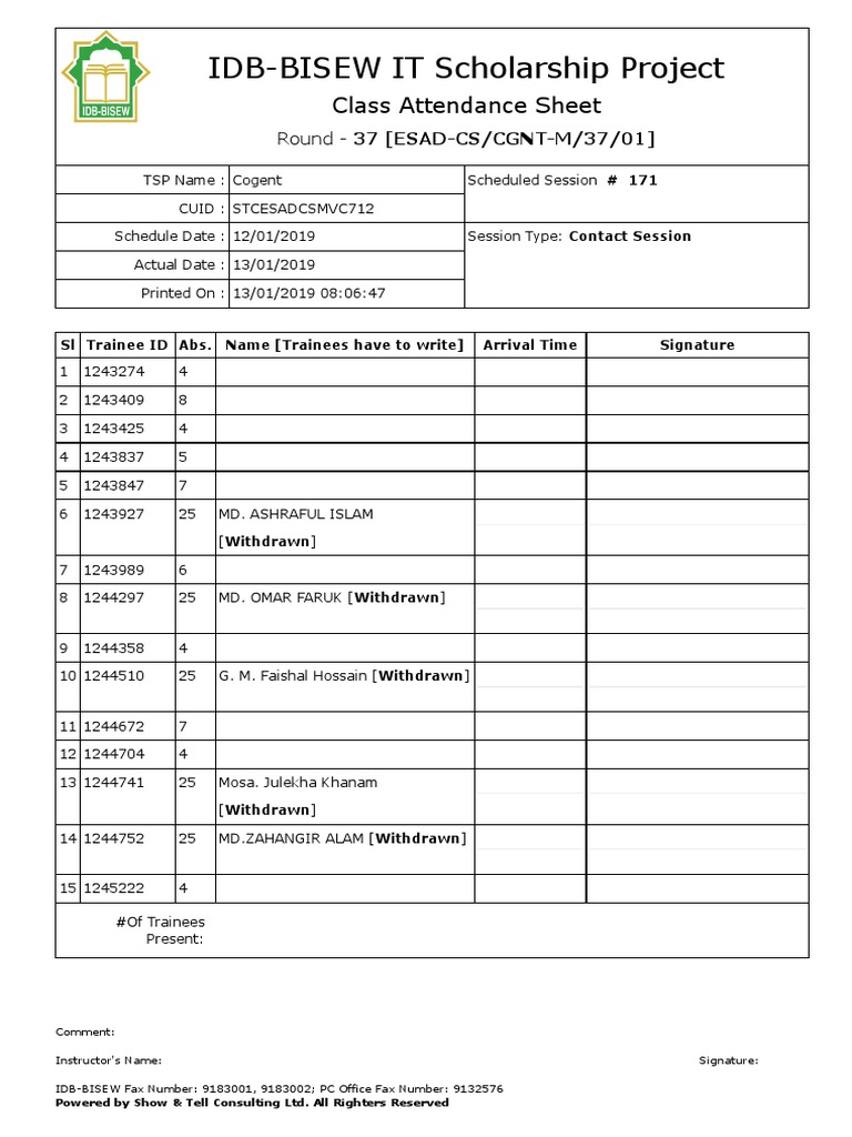 IDB-BISEW IT Scholarship Project: Class Attendance Sheet | PDF