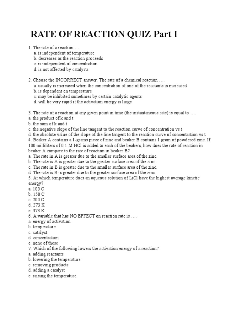 Rate of Reaction Quiz for Grade 12 | PDF | Catalysis | Activation Energy