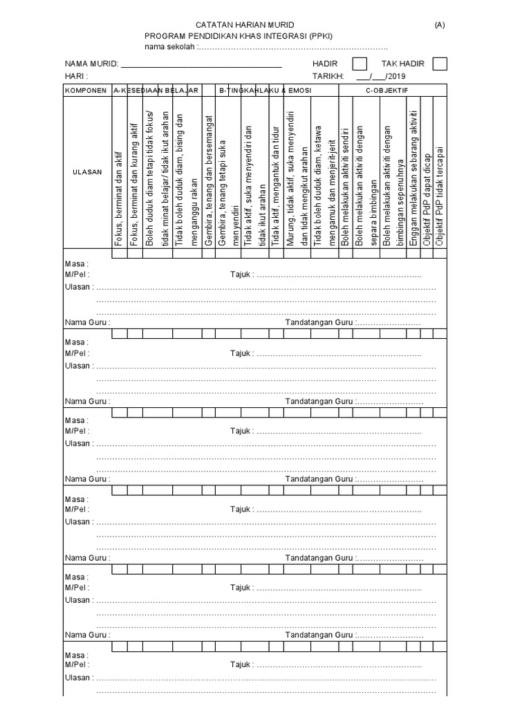 Catatan Harian Murid Pendidikan Khas | PDF