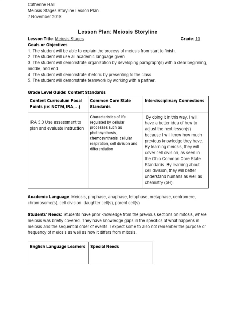 Meiosis Storyline Lesson Plan | PDF | Mitosis | Vocabulary