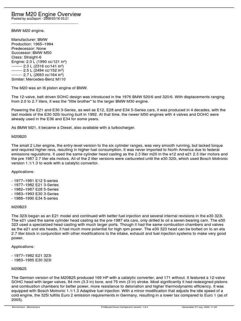 BMW M20 Engine Overview | PDF | Engines | Car Body Styles