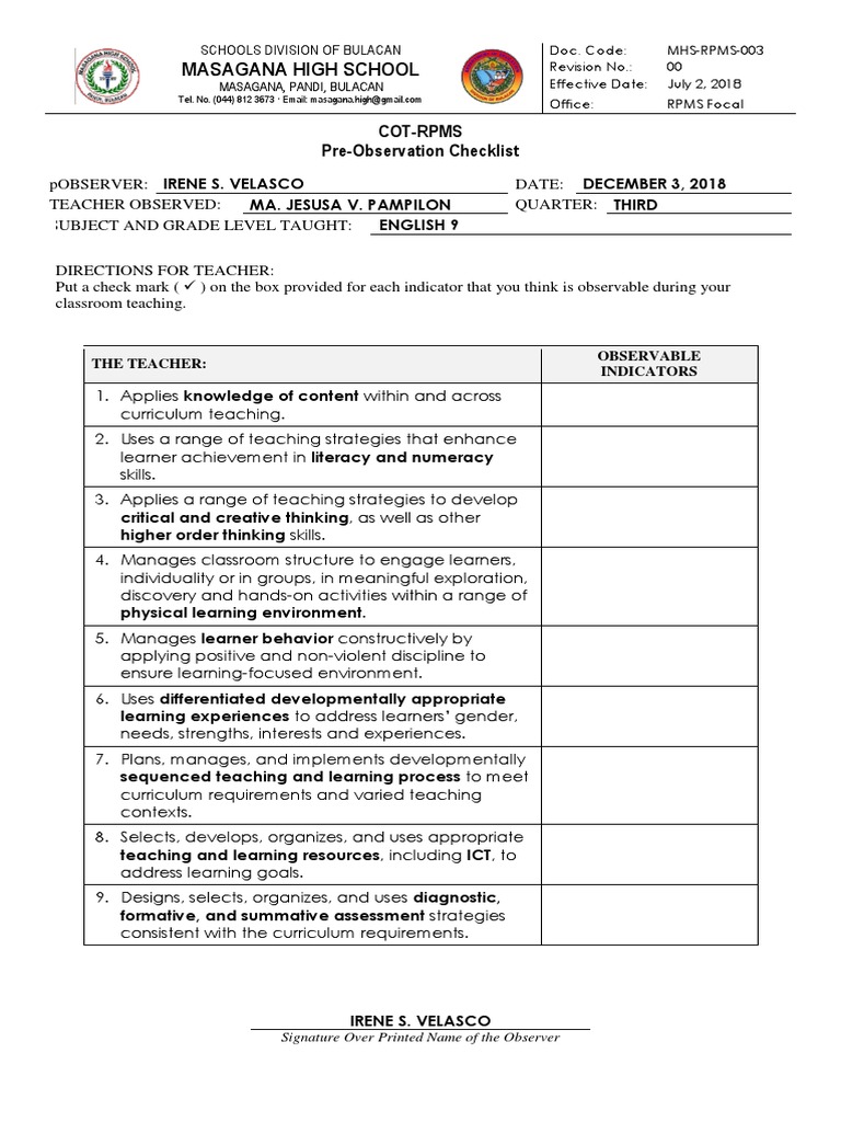 RPMS Form 3 - COT-RPMS Pre-Observation Checklist | PDF | Curriculum ...