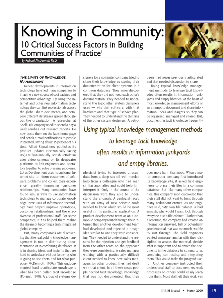 Knowing in Community: 10 Critical Success Factors in Building ...