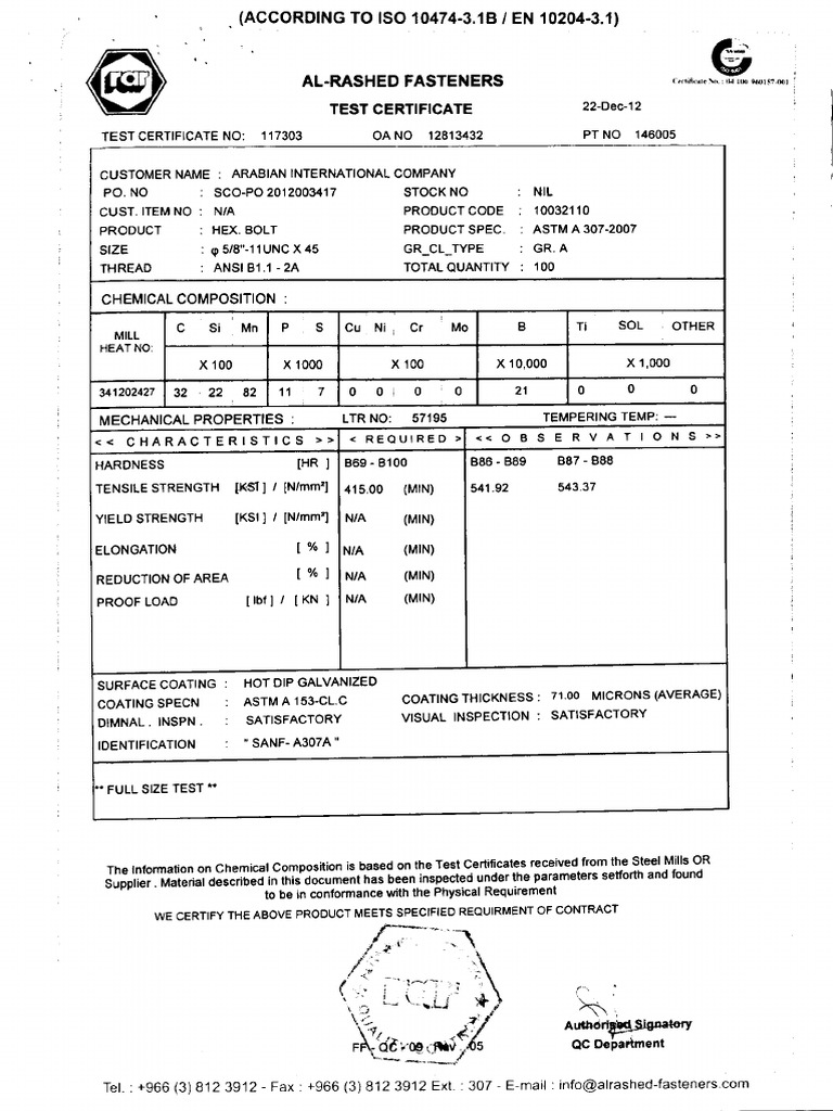 Test Certificate for Hex Bolts According to ISO 10474-3.15 / EN 10204-3 ...