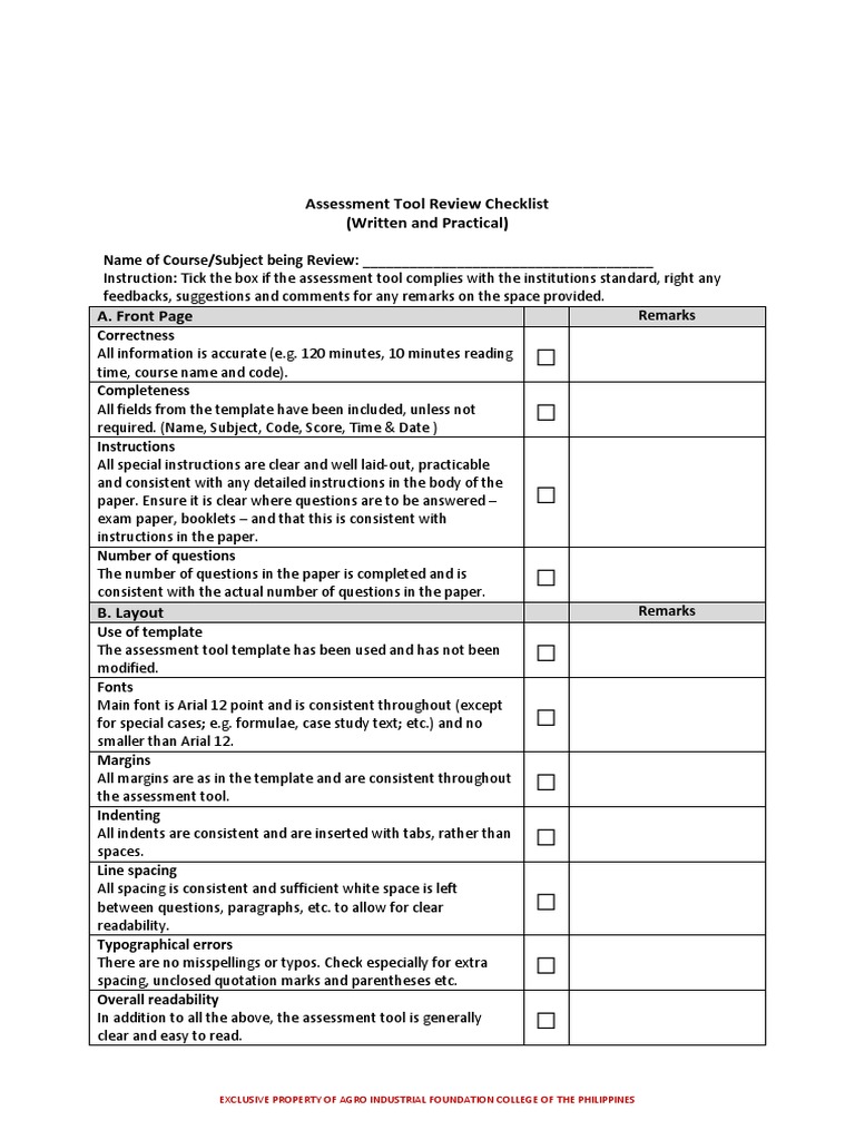 Assessment Tool Checklist | PDF | Question | Text