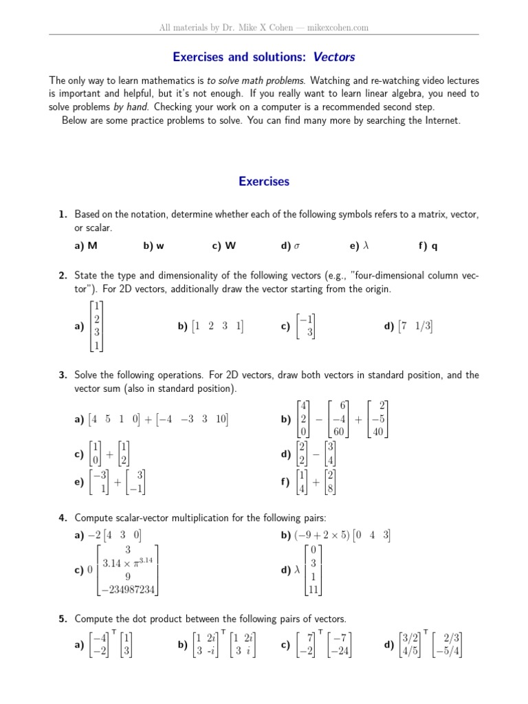 Exercises and Solutions: Vectors | PDF | Linear Subspace | Vector Space