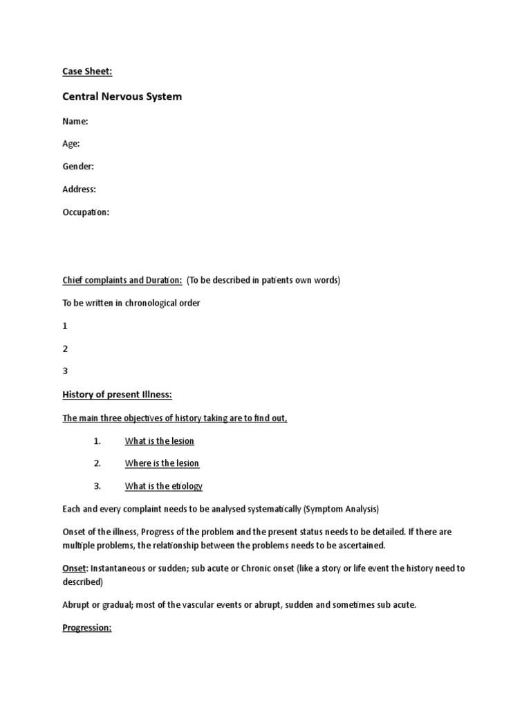 CNS Case Sheet Final | PDF | Somatosensory System | Senses