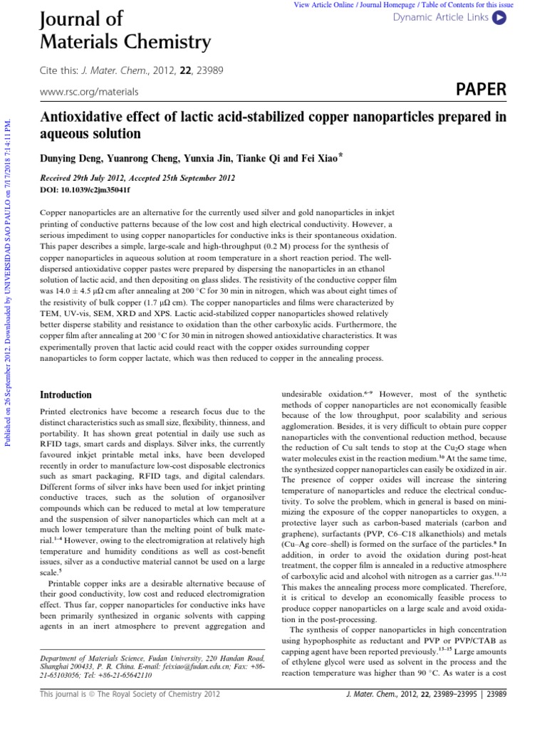 Antioxidative Effect of Lactic Acid-Stabilized Copper Nanoparticles ...