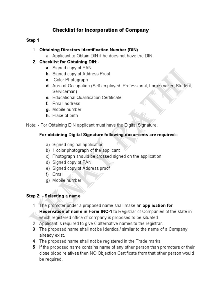 Checklist For Incorporation of Company | PDF | Lease | Identity Document