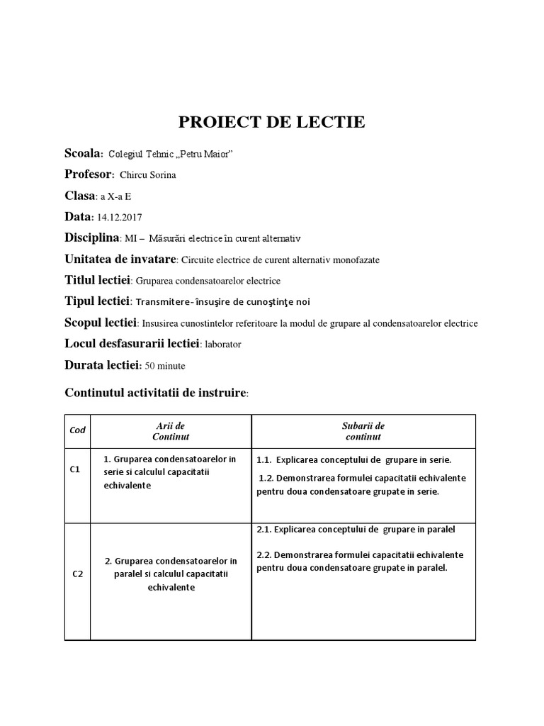 Proiect de Lectie