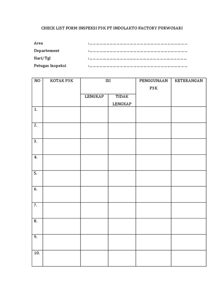 Check List Form Inspeksi P3K | PDF