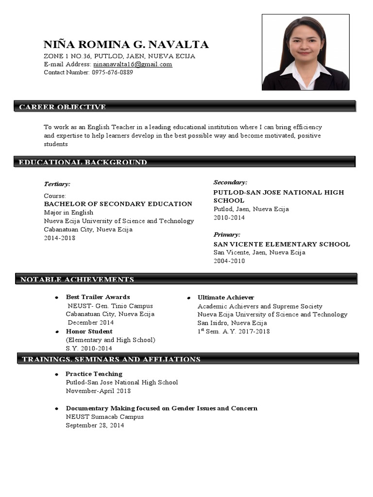 Sample Resume For Teacher | PDF | Cognition | Learning