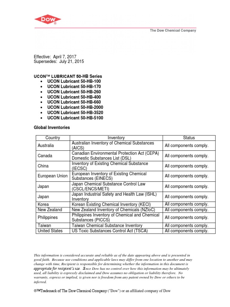 Global Inventory UCON Lubricant 50-HB-Series | PDF | Dow Chemical ...