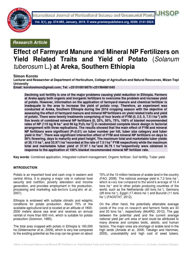 Effect of Farmyard Manure and Mineral NP Fertilizers On Yield Related Traits and Yield of Potato ...