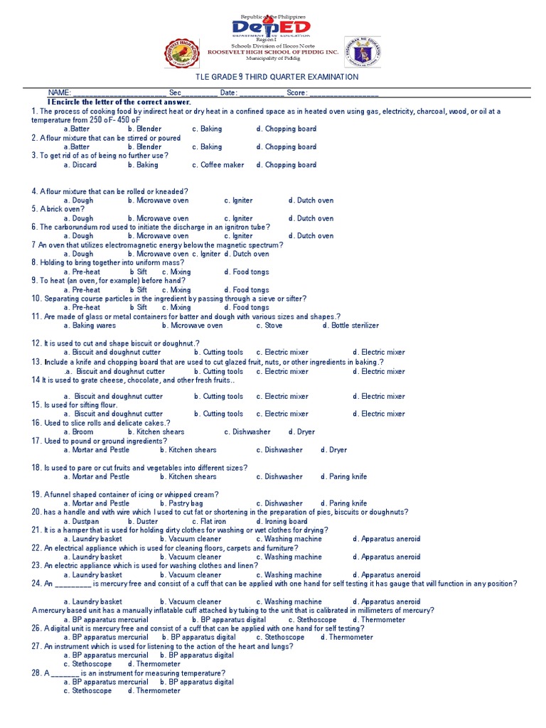 Tle Grade 9 Third Quarter Exam 11202018 | PDF | Oven | Teaspoon