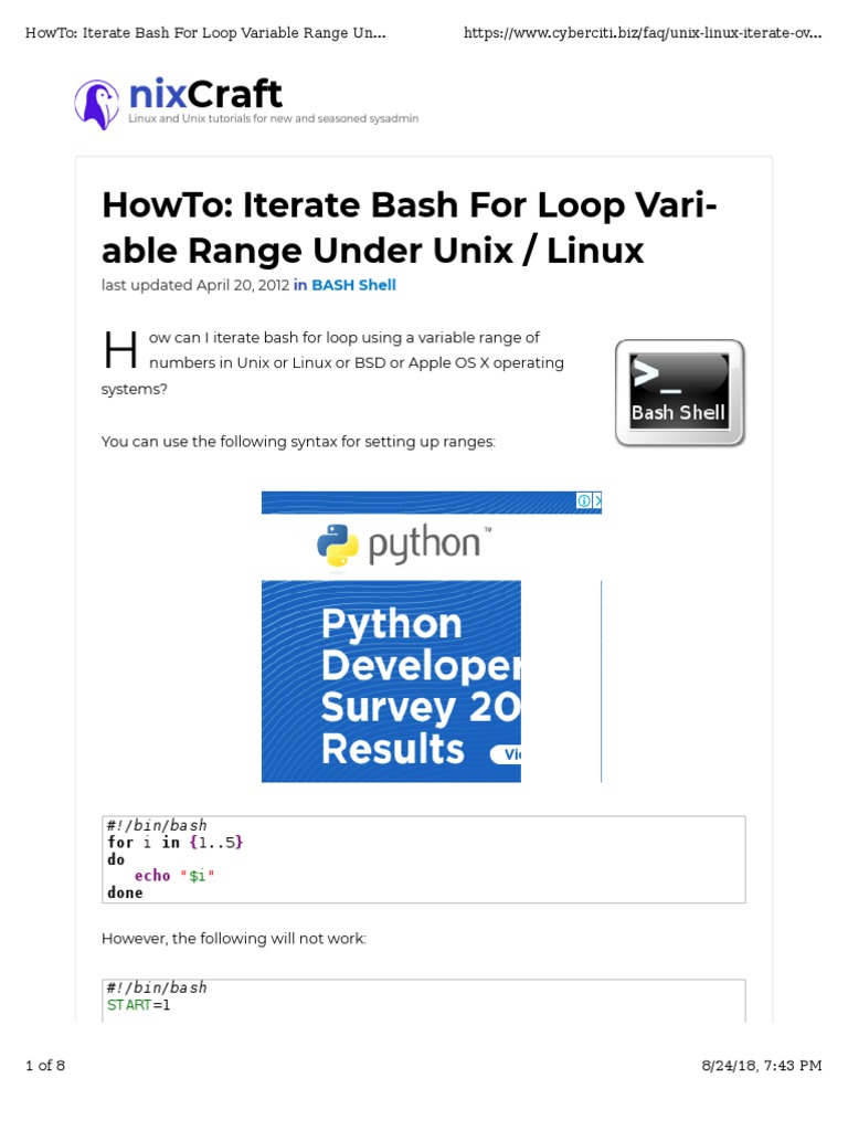 Craft: Howto: Iterate Bash For Loop Vari-Able Range Under Unix / Linux | PDF | Control Flow ...