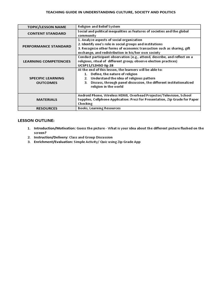 Teaching Guide in Understanding Culture | PDF