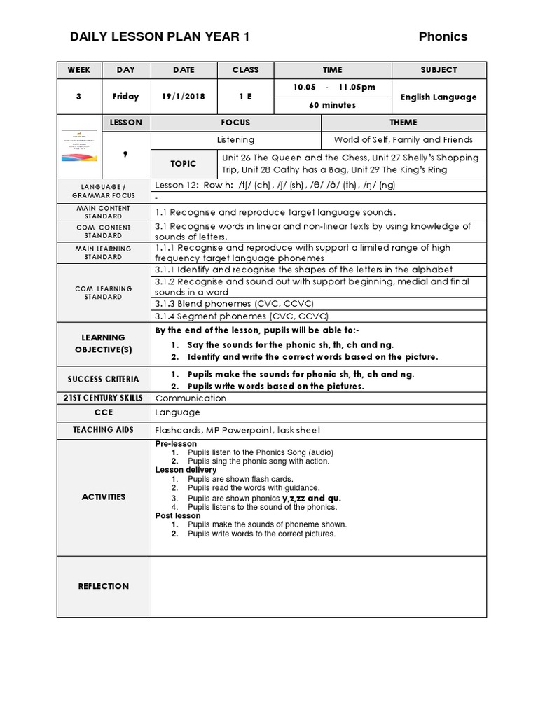 Daily Lesson Plan Year 1 Phonics | PDF | Phonics | Cognitive Science