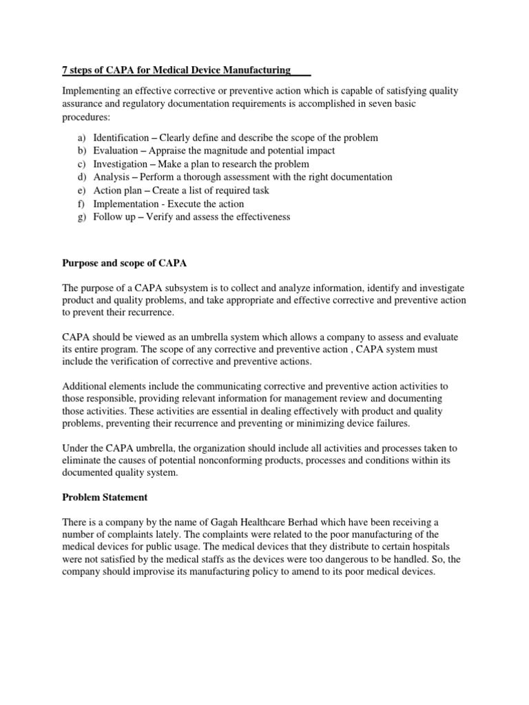 CAPA Process in Medical Device Manufacturing | PDF | Medical Device ...