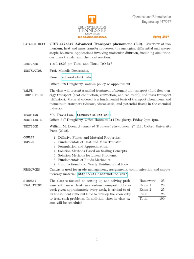 CBE 547 Course Outline (Syllabus) | PDF | Transport Phenomena | Mass ...