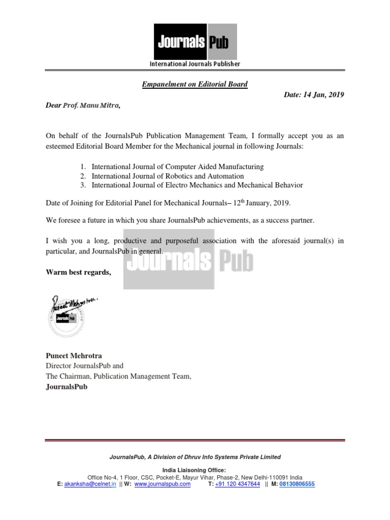 Appointment to Editorial Board | PDF
