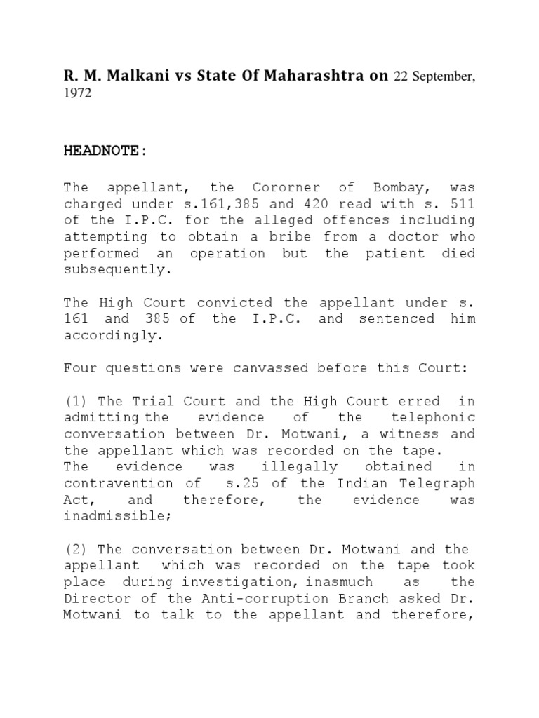 R.M. Malkani vs State of Maharashtra | PDF | Sentence (Law) | Public Law