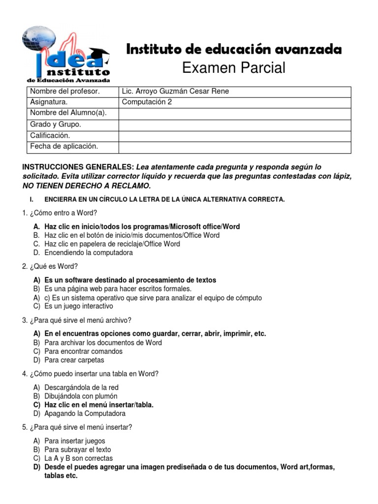 Examen Parcial Computacion2 Respuestas | PDF | Microsoft Word | Point and Click
