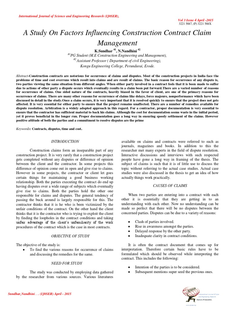 A Study On Factors Influencing Construction Contract Claim Management ...