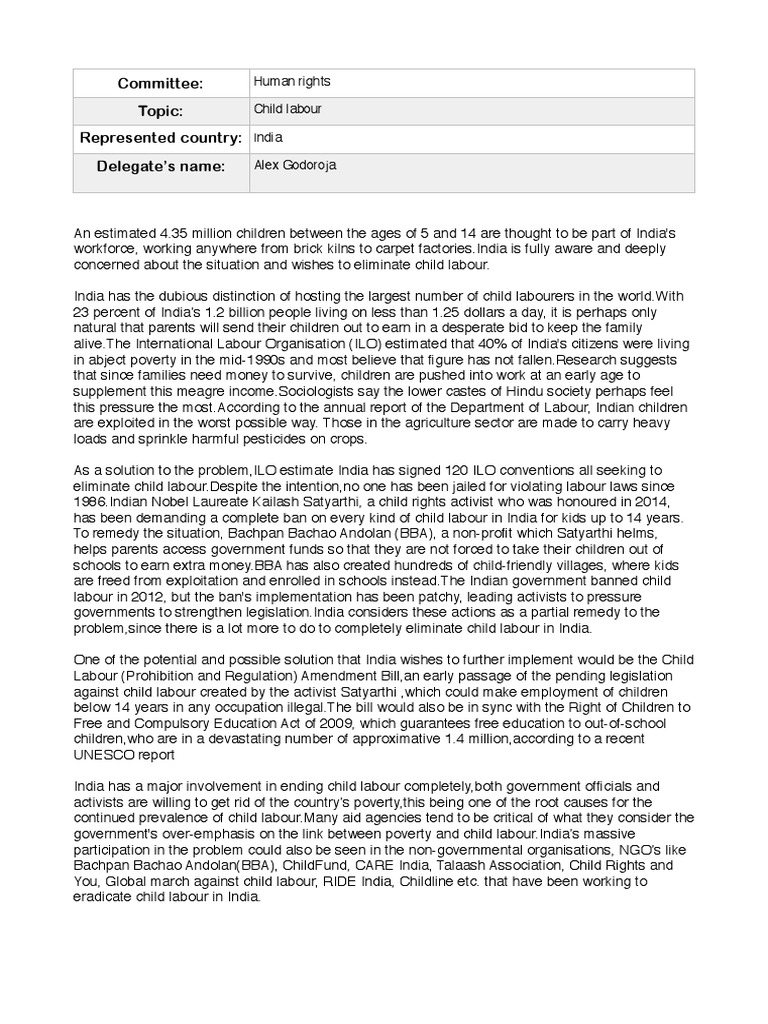Child Labour MUN (Position Paper) | PDF | Child Labour | Poverty