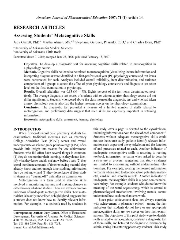 Assessing Students' Metacognitive Skillsajpe14 | PDF | Metacognition ...