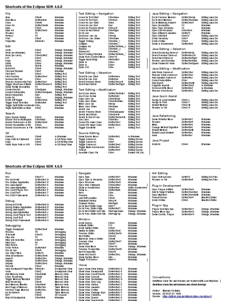 Shortcuts of The Eclipse SDK 4.6.0: File Text Editing - Navigation Java ...