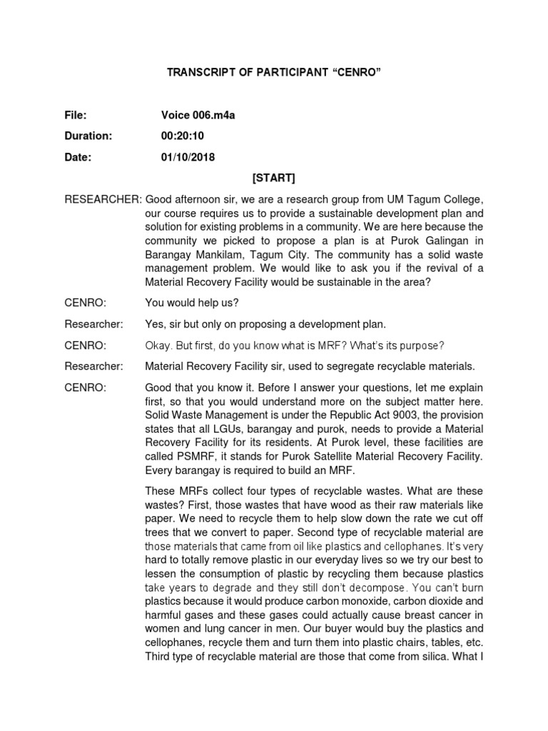 Transcript of Participant "Cenro" | PDF | Recycling | Waste