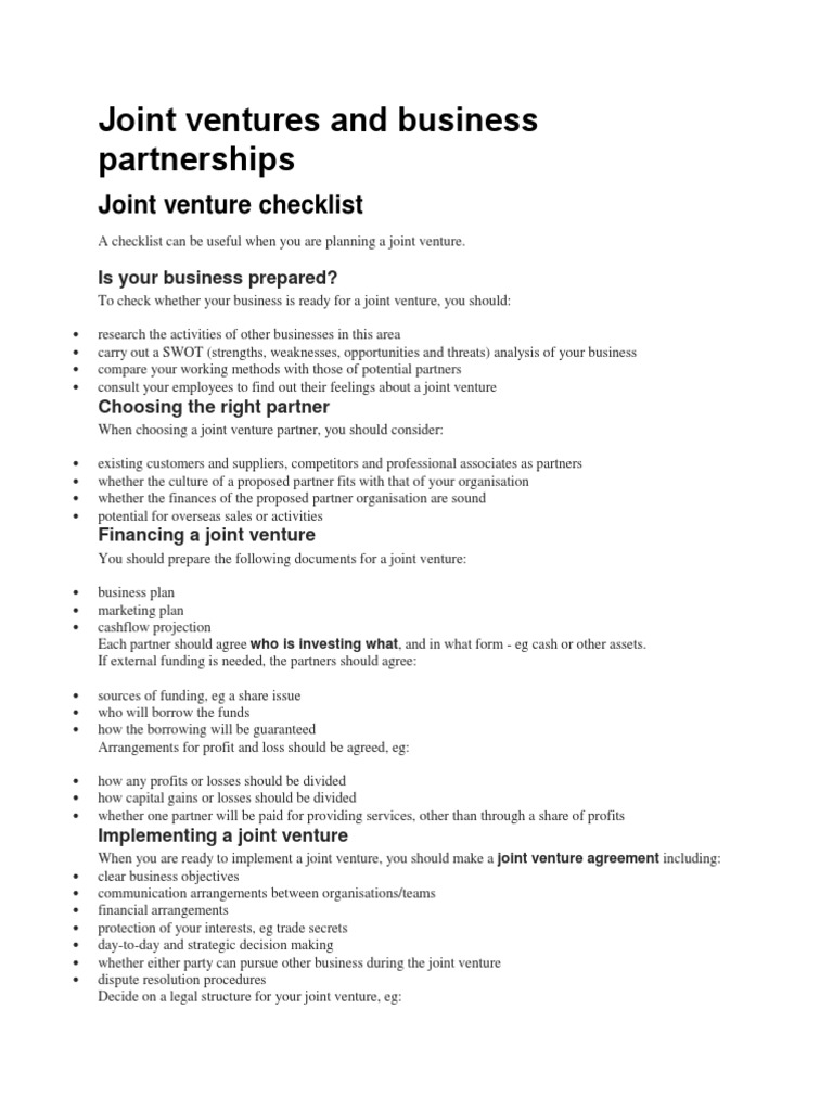 Joint Ventures Checklist | Download Free PDF | Joint Venture | Partnership