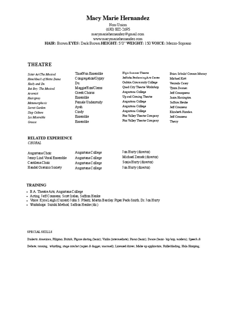 Acting Resume Updated 1 2019 | PDF | Choir | Vocal Music