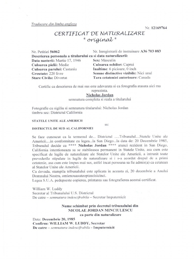 Certificat de Naturalizare Certificate of Naturalization | PDF
