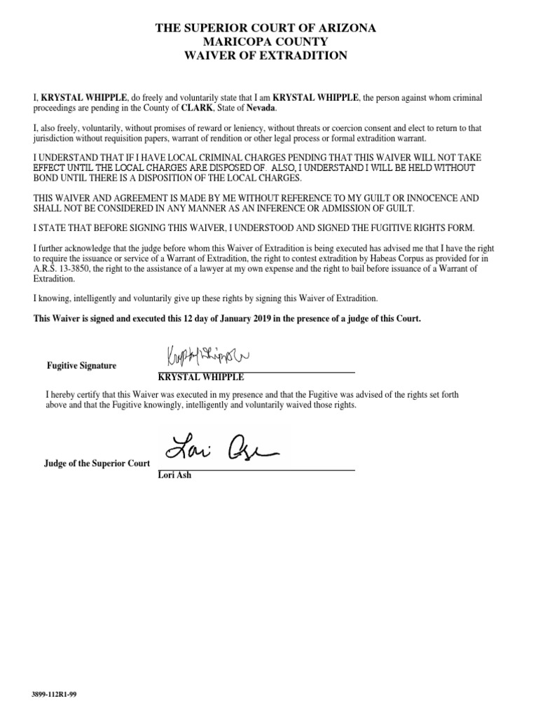 Krystal Whipple Waiver of Extradition | PDF