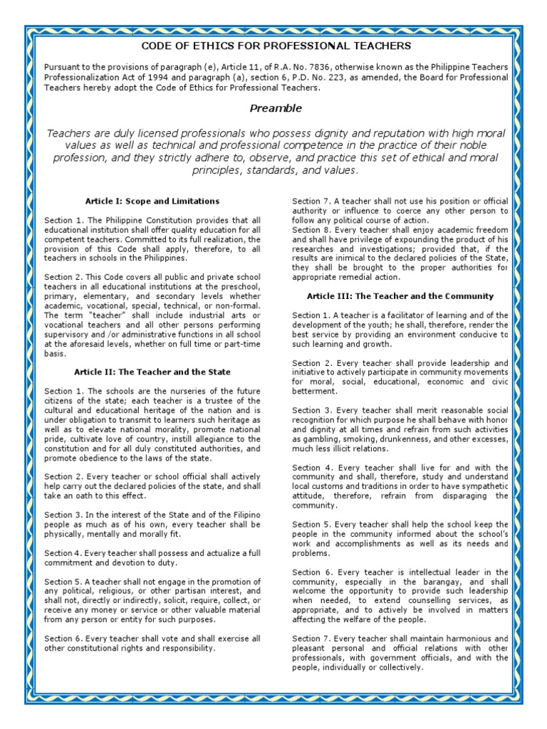 Code of Ethics For Professional Teachers: Preamble | PDF | Profession ...