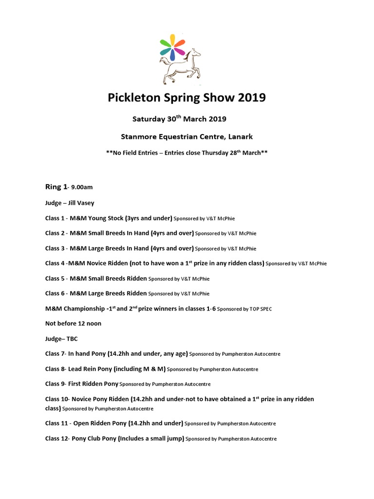 Pickleton Spring Show 2019 Schedule | PDF | Pony | Horses