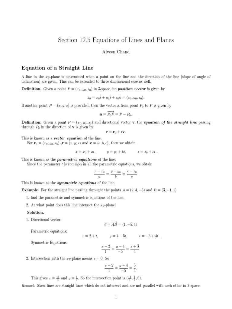 Section 12.5 Equations of Lines and Planes | PDF | Plane (Geometry ...