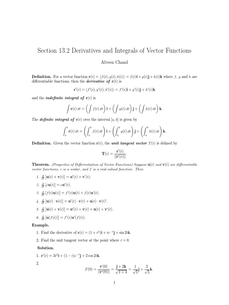 Section 13.2 Derivatives and Integrals of Vector Functions | PDF ...