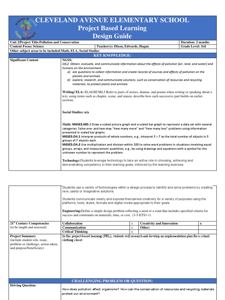 Unit 2 - 3rd Grade 2018-2019 PBL Template | PDF | Project Based ...