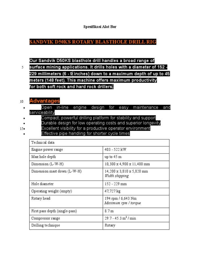 Sandvik D50Ks Rotary Blasthole Drill Rig: Spesifikasi Alat Bor | PDF