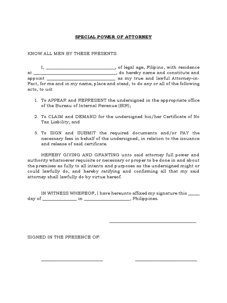Sample SPA For BIR Certificate of No Tax Liability | PDF