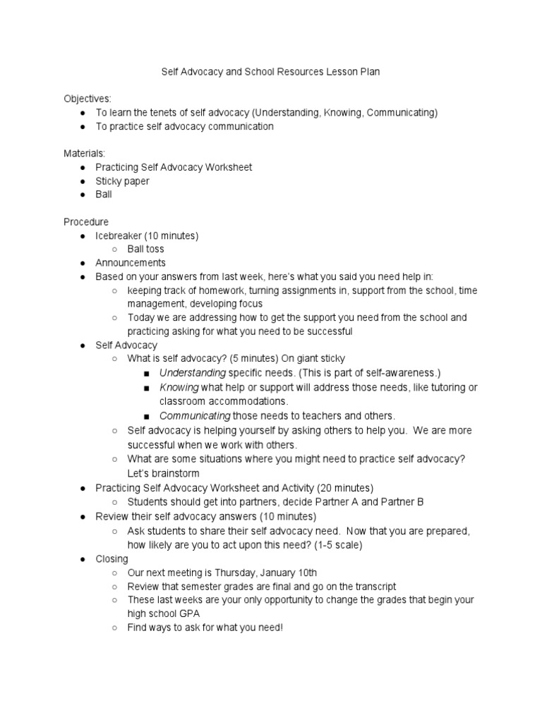 Self Advocacy Lesson | PDF